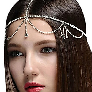 Rhinestone Waterdrop Head Chain Headwear Crystal Forehead Headband Wedding Bridal Hair Chain Headpiece for Women Hair Jewelry (Silver 2)