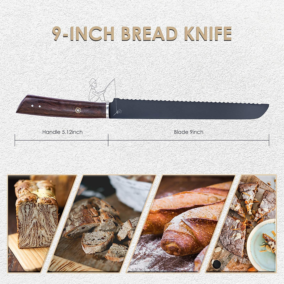 LASTOOLS 9 Inches Bread Knife Serrated Edge, Birthday Cake Knife Gift Box Package High Carbon Stainless Steel Forged Cutter for Homemade Crusty Bread