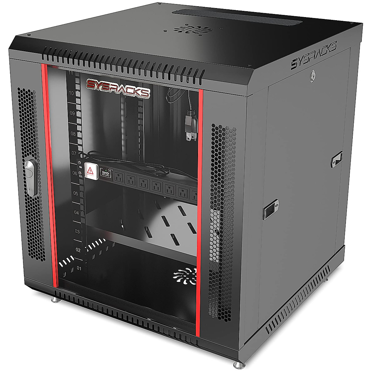 Sysracks 12U 24 inch Depth Wall Mount Server Cabinet Enclosure Rack Glass Door - 8-Way PDU - Cooling Fan - Vented Shelf - Feet - Hardware
