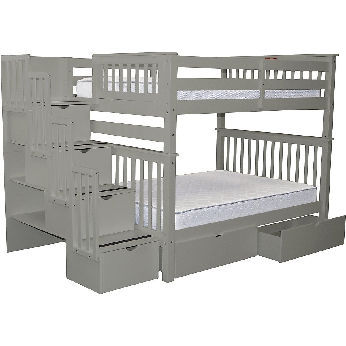 Bedz King Bunk Beds Full over Full with 4 Drawers in the Steps and 2 Under Bed Drawers, Gray