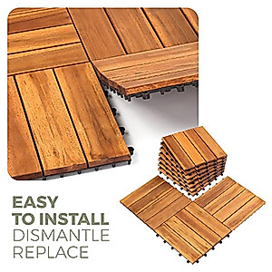 Wood Interlocking Flooring Tiles (Pack of 10, 12" x 12"), Solid Wood Acacia Deck Tiles Interlocking, Patio Tiles Outdoor Interlocking Waterproof All Weather (4 Slat, Natural Color)