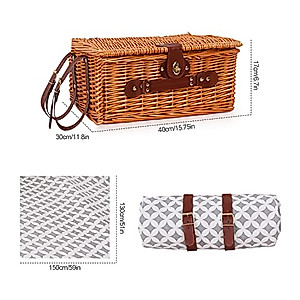 Wicker Picnic Basket for 2 Persons with Waterproof Picnic Blanket,Picnic Set for Family with Insulated Cooler Compartment Utensils,Wedding Engagement Gifts for Couples(Brown)