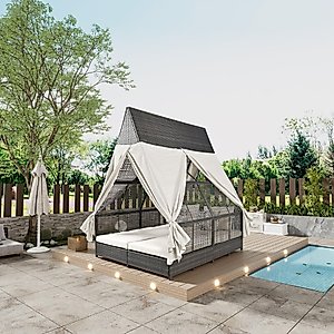 Merax Outdoor Daybed Patio Lounge Bed with Adjustable Backrest Outdoor Double Sun Lounger with Curtains, 2 Pillows for Garden Patio Poolside Balcony Beach