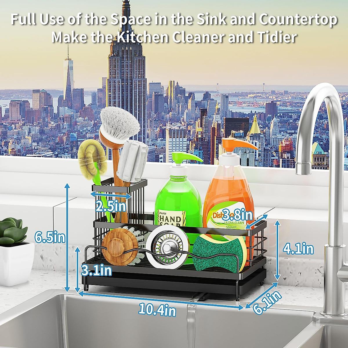 Godboat Kitchen Sink Organizer - 201 Stainless Steel Sink Caddy with Dish Brush Holder, Sponge Holder with Auto-Drain, 360° Swivel Spout, Kitchen Gadgets and Decor for Tiny Home, Gifts for Women, Mom