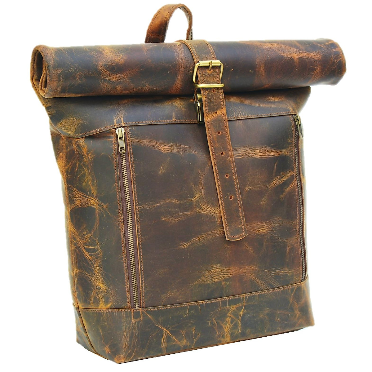 Satchel And Fable Men Leather Vintage Roll on Laptop Backpack Rucksack Bag Brown