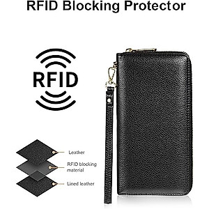 Chelmon Womens Wallet Large Capacity Zip Holder Clutch Bifold Wrist Strap Long Purse Black