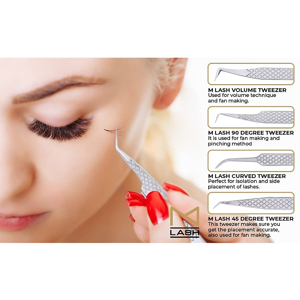 M LASH Tweezers for Eyelash Extensions (Set of 4) - Professional Lash Extension Tweezers - Fiber Tip, Japanese Steel, Diamond Grip Eyelash Extension Tweezer (Pink)