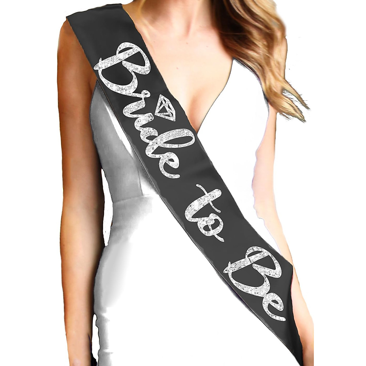 Bachelorette Sash Black - Silver Sparkle Diamond Bride to Be Bridal Grade Satin Sash - Til Death do us Party - Black Sash(SlvDiaB2B)