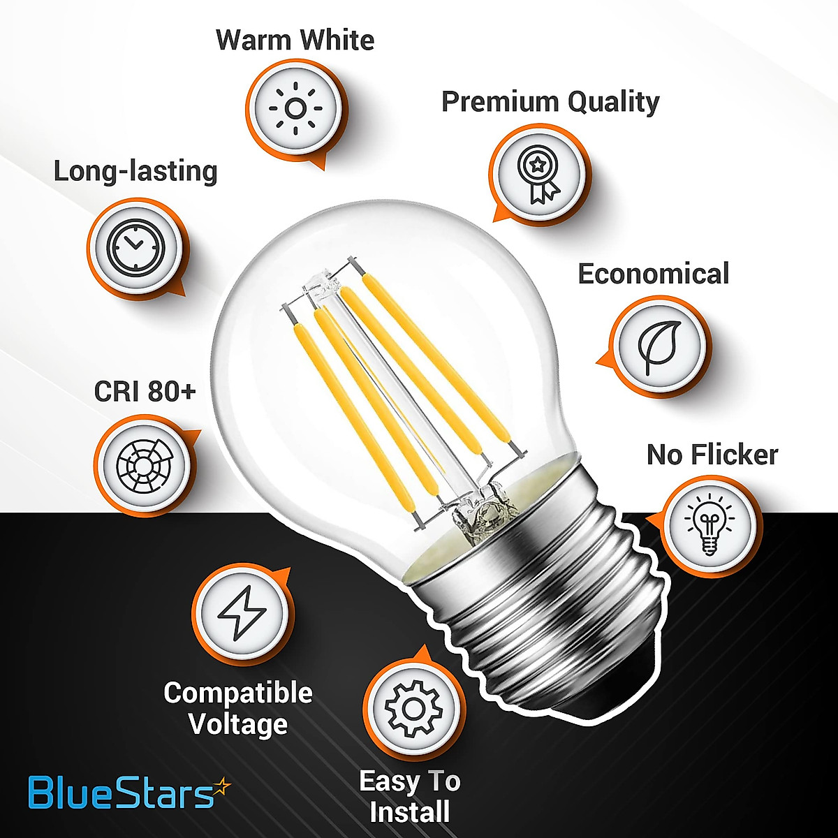 BlueStars G45 E26 Edison LED Filament Globe Bulb 120V 5W (60 Watt Equivalent), 2700K Warm White 550lm Non-Dimmable for Home Decoration, Pendant, Antique Light Fixtures, 6 Packs