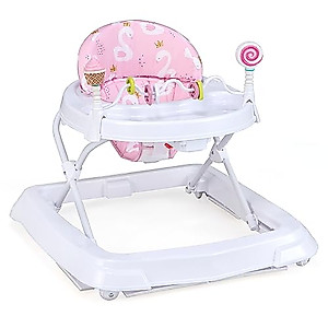 HONEY JOY Baby Walker, Foldable Toddler Walker with Toys, Learning-Seated or Walk-Behind for Boys and Girls, Adjustable Height, High Back Padded Seat, Infant Activity Walker with Wheels (Pink)