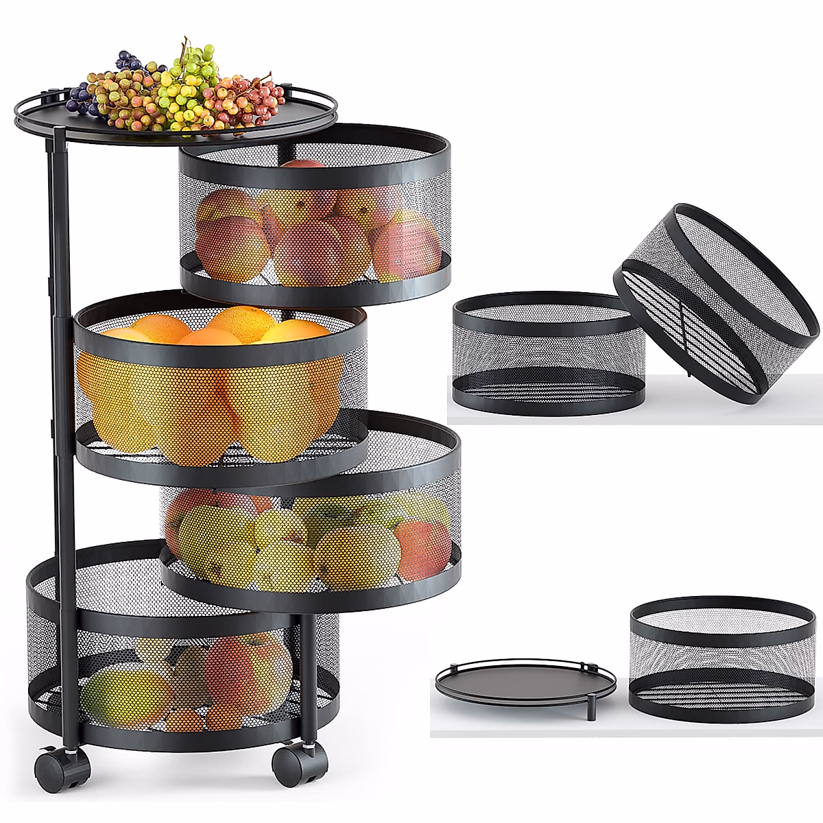 HOYRR Rotating storage rack for kitchen,Fruit Basket Rotating,Fruit Vegetable Kitchen Storage storage rack,Potatoes Storage Baskets with Wheels,Fruit Basket Stainless Steel Metal Material（4+1 Layer）