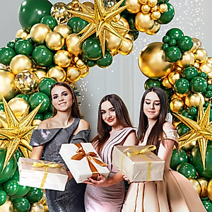 FOTIOMRG Green and Gold Balloon Arch Kit with 3pcs Star Balloon, Emerald Forest Dark Green Balloons Metallic Gold Balloons for Birthday Baby Shower Wedding New Years Party Decorations