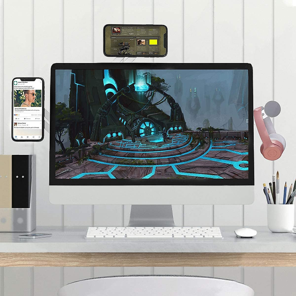 CloudValley Magnetic Phone Holder for Laptop Designed for iPhone 15/14/ 13/12 MagSafe, Adjustable Phone Monitor Side Mount, Slim Portable Foldable Computer Expansion Bracket, Silver