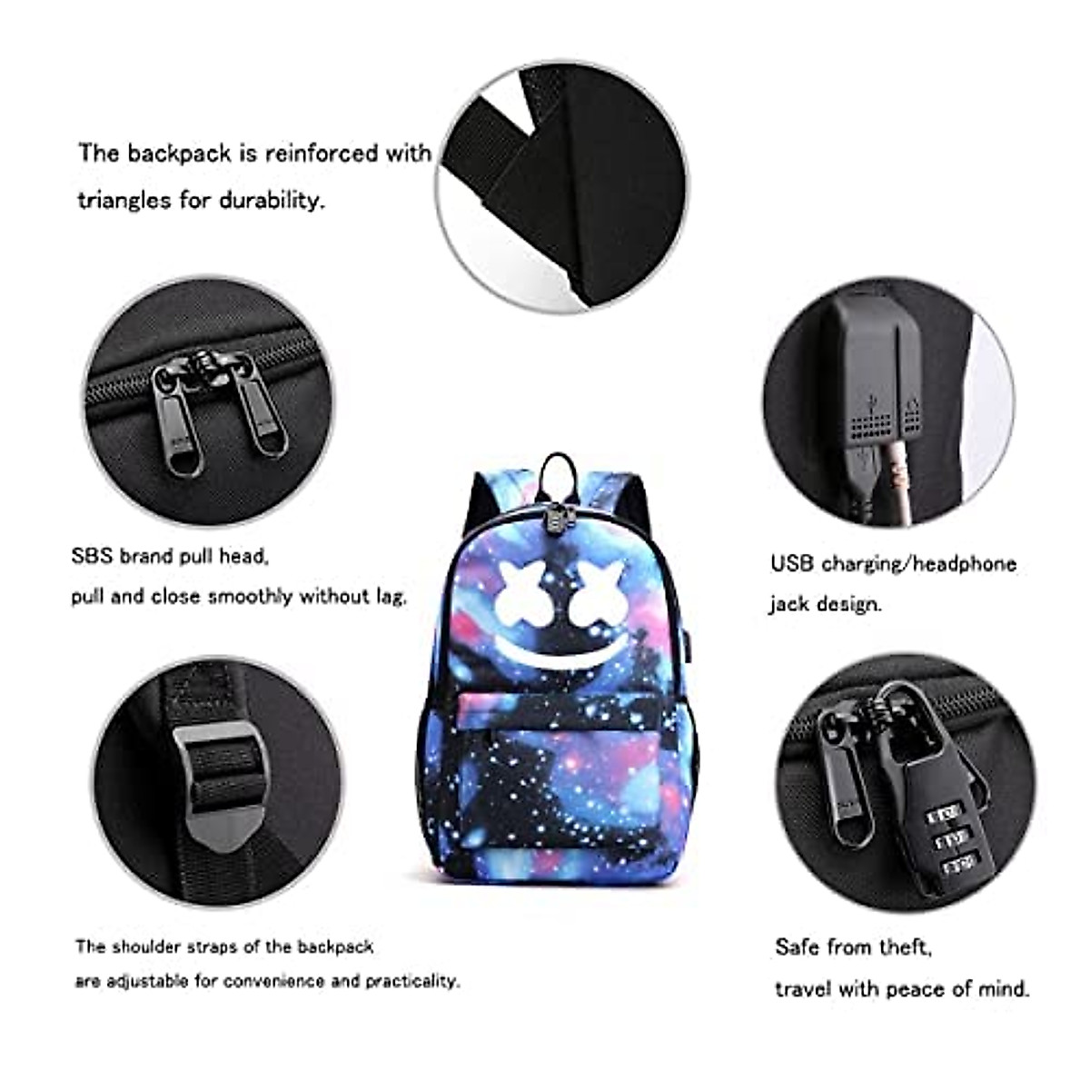 Smile Luminous Backpack with USB Charger Port & Headphone Port, DJ Music Laptop Backpack, Birthday Gifts for Teens and Adult (Sky)