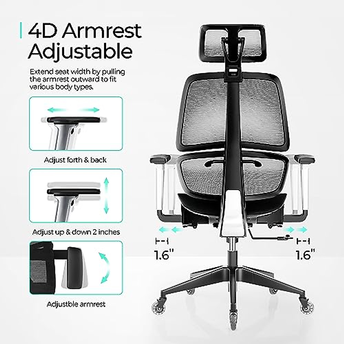 LINSY HOME High-Back Office Chair, Swivel Ergonomic Task Chair with Adjustable Headrest and Arms, Lumbar Support and PU Wheels, Computer Mesh Chair for Home Office, Black