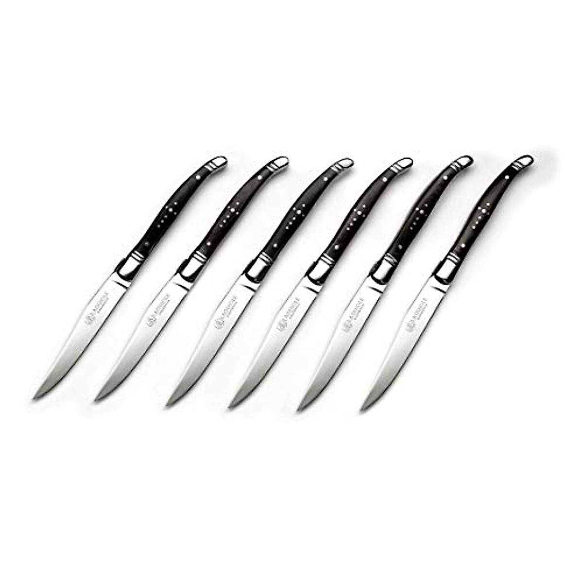 Laguiole California Steak Knives - 6 Piece Blackwood Set - Ergonomic Handles - Stored in a California Oakwood Gift Box - Extremely Sharp Straight Steel Blades are Thick Gauge, Full Tang