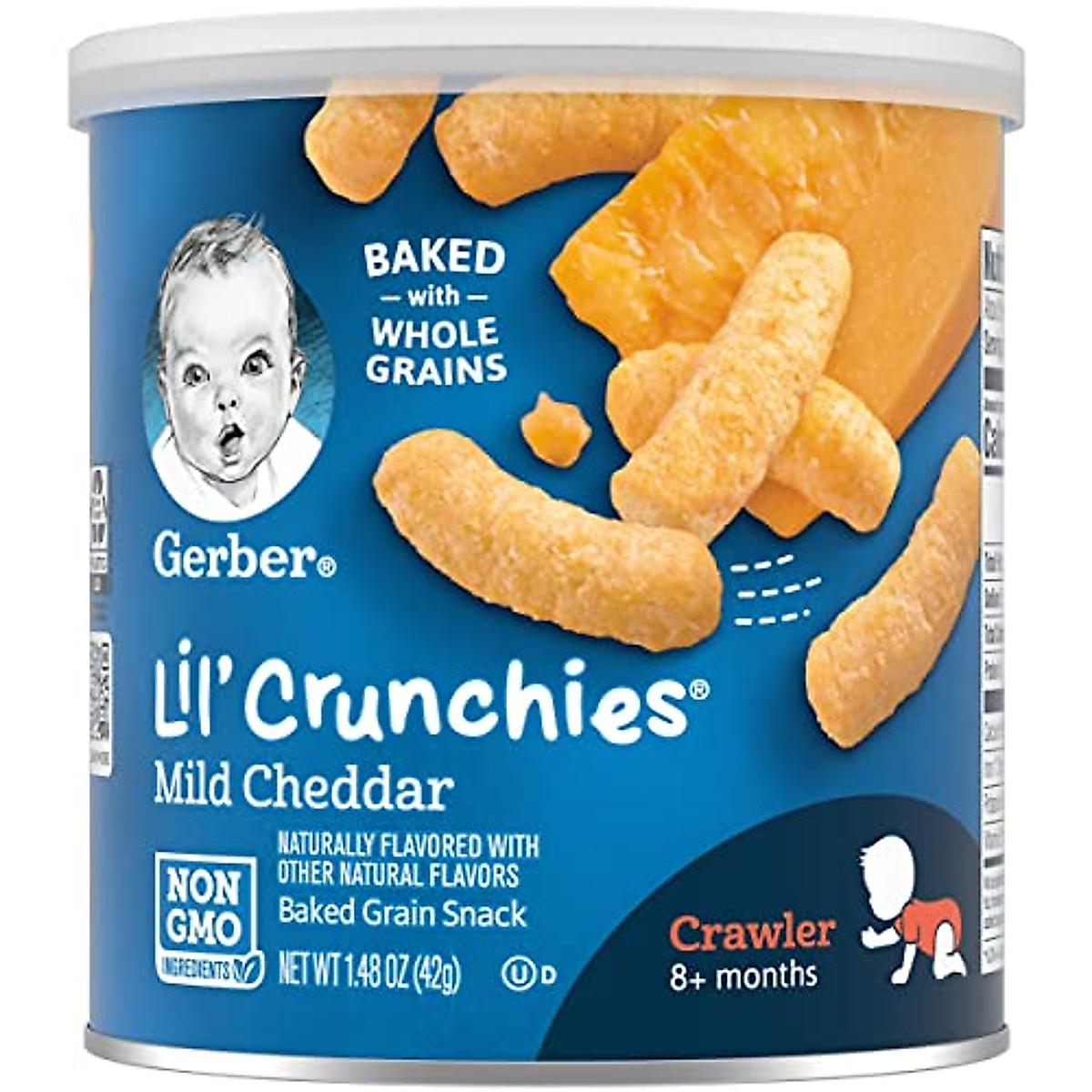 Gerber Lil Crunchies Baked Grain Snack, Mild Cheddar, Baked with Whole Grains & Non GMO Ingredients, For Crawlers 8 Months & Up, 1.48-Ounce Canister (Pack of 2)