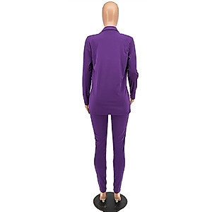 Women's 2 Piece Outfit Deep V Long Sleeve Solid Color Blazer with Pants Elegant Business Suit Sets Purple