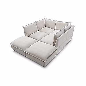 Free Combination Reversible Modular Sectional Sofa with Double Chaise and Thicked Cushions , U Shaped Symmetrical Oversized Sleeper Corner Couch w/ Detackable Backrest and Wooden Legs for Living Room