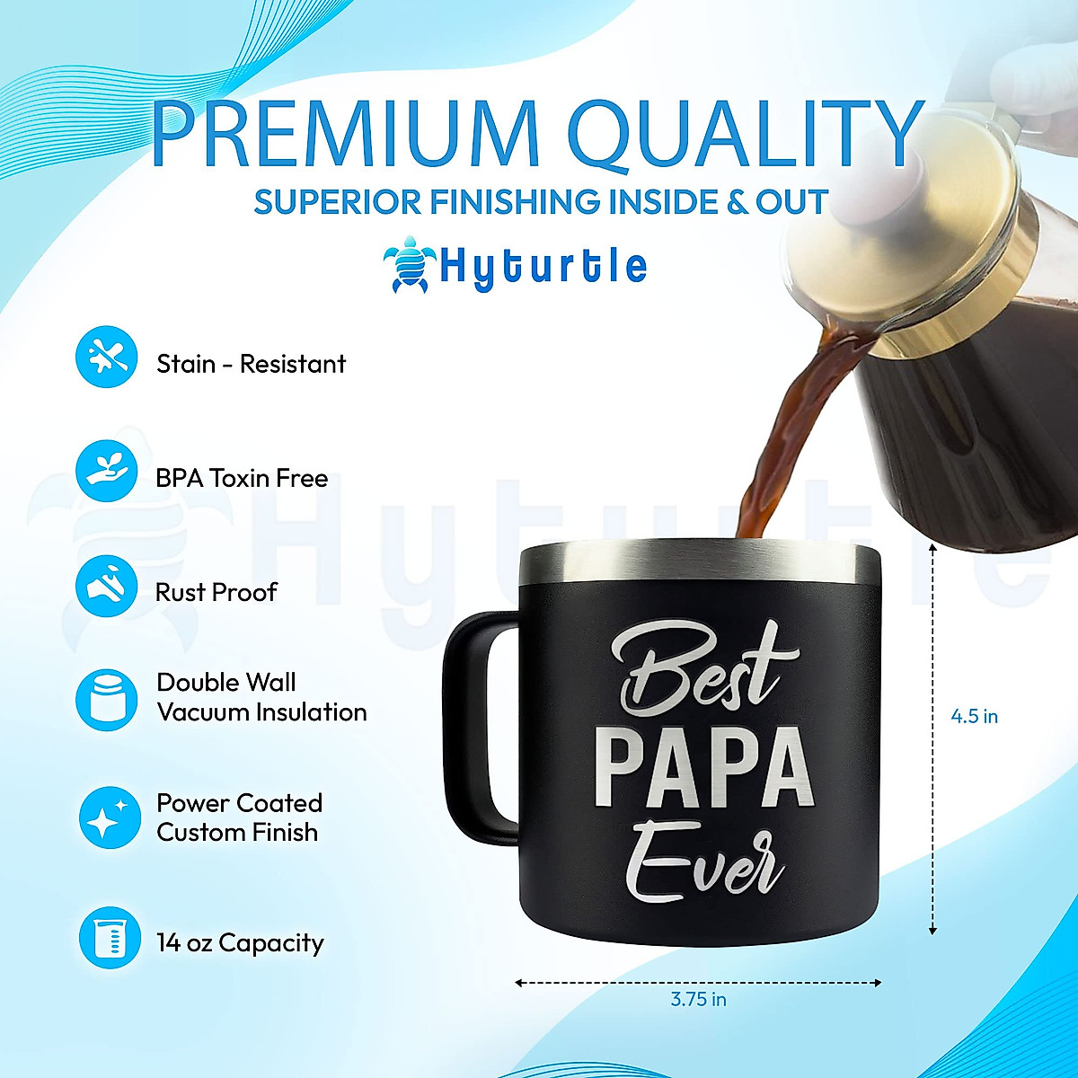 Hyturtle Best Papa Ever Coffee Black Mug/Tumbler 14oz Gift For Dad, Gifts For Dad From Daughter, Son, Kids - Fathers Day - Birthday Gift Ideas For Daddy - Christmas Gifts For Father, Men