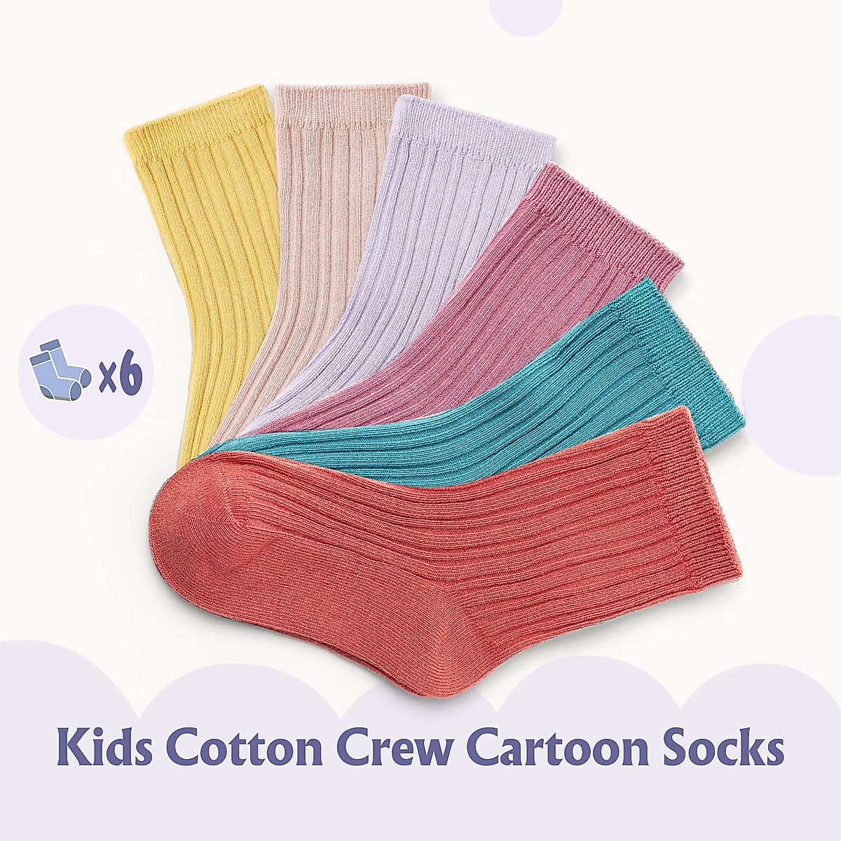 Girls Cotton Socks Kids Cartoon Seamless Dress Socks Colorful Quarter Socks for Girls Solid Color 6 Pack 6-8 Years