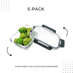 Amaxe Direct 5 Pack 36OZ Kitchen Leak-Proof Glass Food Storage Containers - Thick & Durable Glass Meal Prep Containers - Airtight Easy to Clean Glass Storage Containers with Lids