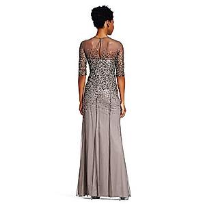 Adrianna Papell Women's 3/4 Sleeve Beaded Illusion Gown with Sweetheart Neckline, Lead, 14