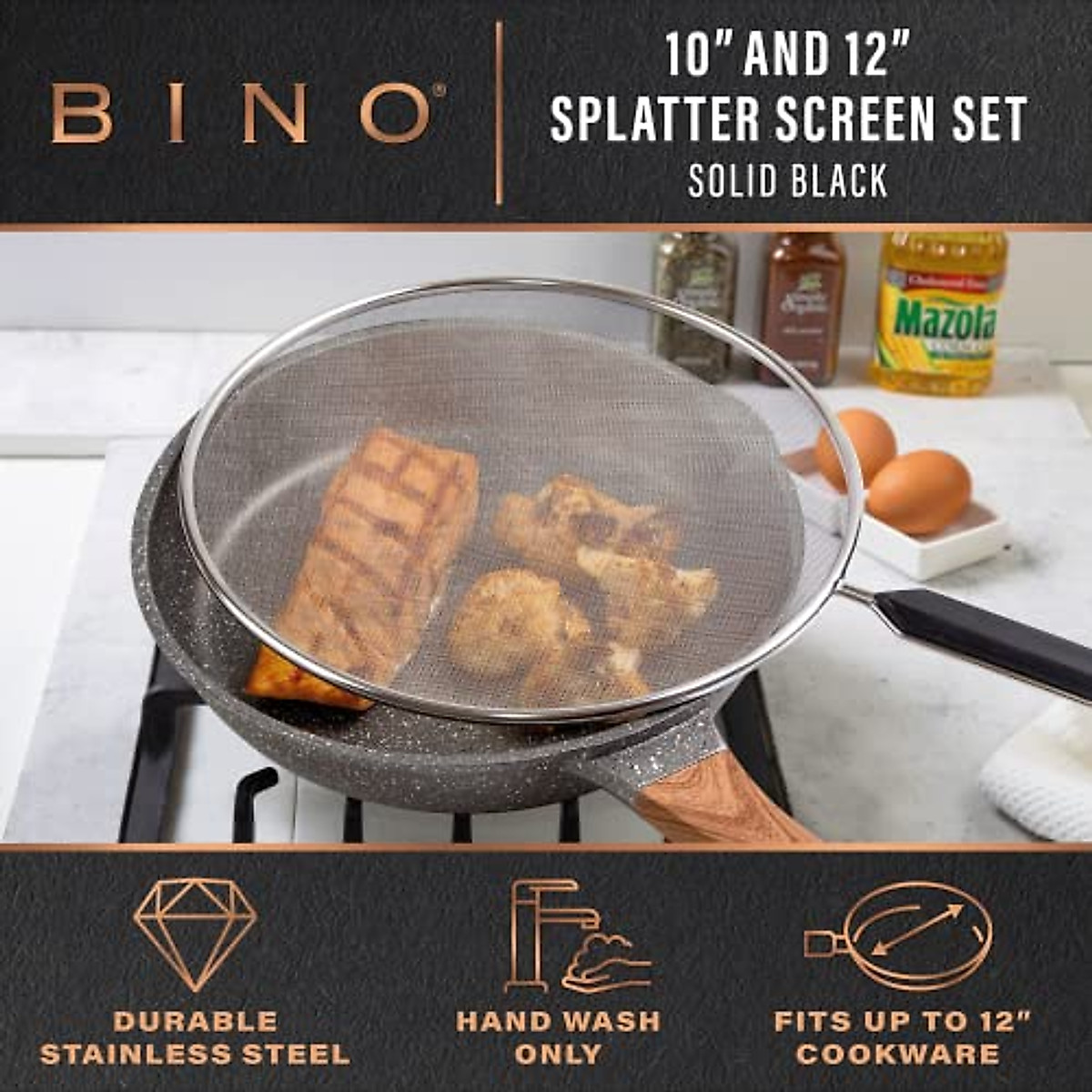 BINO 2-Piece Stainless Steel Splatter Screen with Handle Set - Black | Oil & Grease Skillet Guards | Bacon Screen Splash Protector | Frying Screen | Mesh Splatter Screen | Kitchen Cookware Essentials