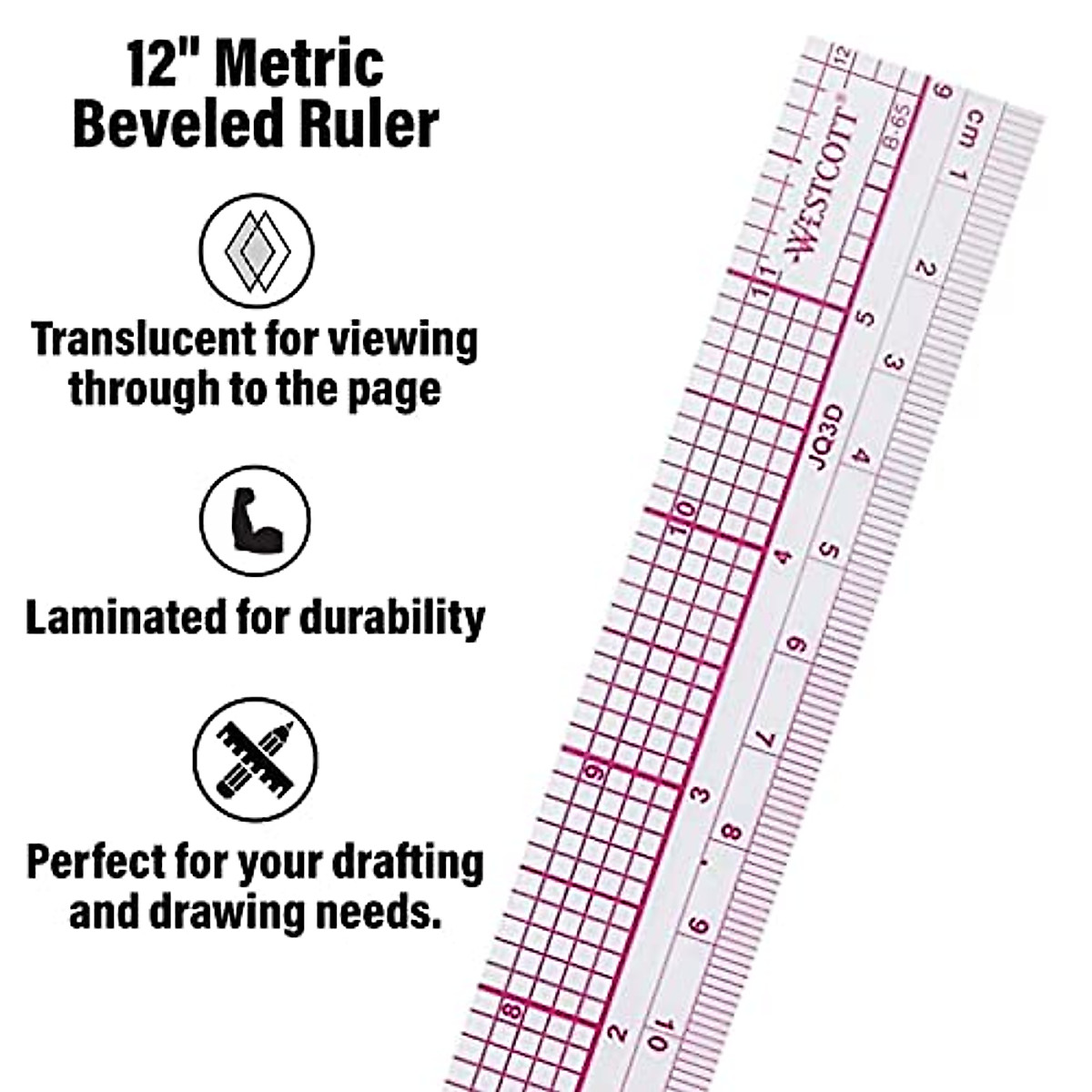 Westcott 10ths/Metric Beveled Ruler, 12-Inch/30cm (B-65), Clear