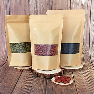 SumDirect Kraft Food Bags with Window - Resealable Kraft Stand Up Pouches, 50Pack 4.7x7.8inches Zipper Food Storage Bags for Packaging