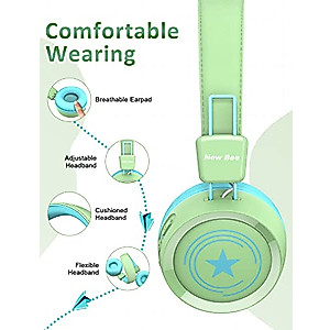 New bee Kids Bluetooth Headphones with Microphone Bluetooth 5.0 Wireless Kids Headphones with 32H Playtime/94dB Volume Limited On Ear Headphones for School/Girls/Boys/iPad/Fire Tablet(Matcha Green)