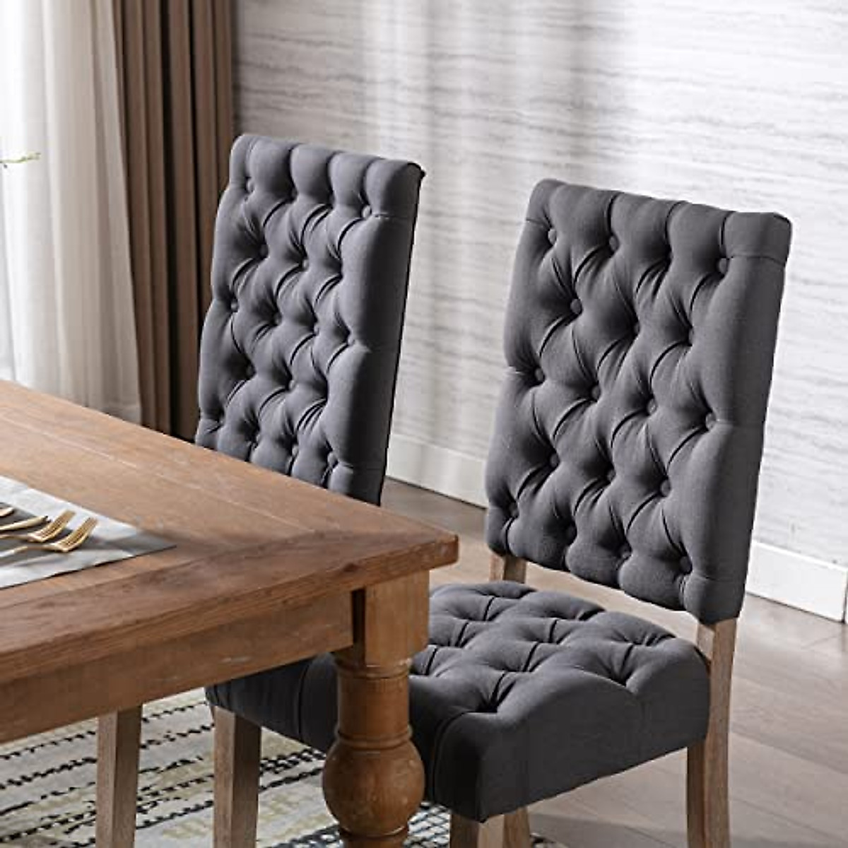 AMNOOL Linen Dining Chair Set of 2 Wooden Frame Tufted Upholstered Dining Chairs with Wooden Legs Desk Chair Side Chair High Back for Kitchen Dining Room Living Room Bedroom (Grey)