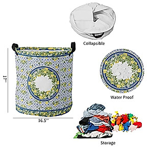 Laundry Basket Blue Tiles Yellow Lemons Green Foliage,Waterproof Collapsible Clothes Hamper Farm Fruits Summer Plants,Large Storage Bag for Bedroom Bathroom 16.5x17In