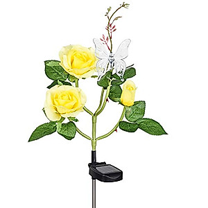 Doingart Outdoor Flower Garden Lights - Solar Powered Artificial Rose Flower Stake with Butterfly Color Changing Lights for Garden Patio Flowerbed Decoration (Yellow)