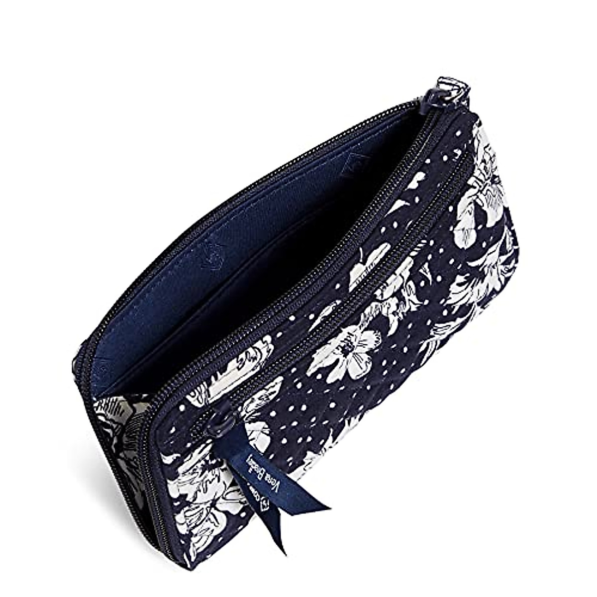 Vera Bradley Women's Cotton Collegiate Front Zip Wristlet With RFID Protection (Multiple Teams Available), University of Notre Dame Navy/White Rain Garden - Recycled Cotton, One Size