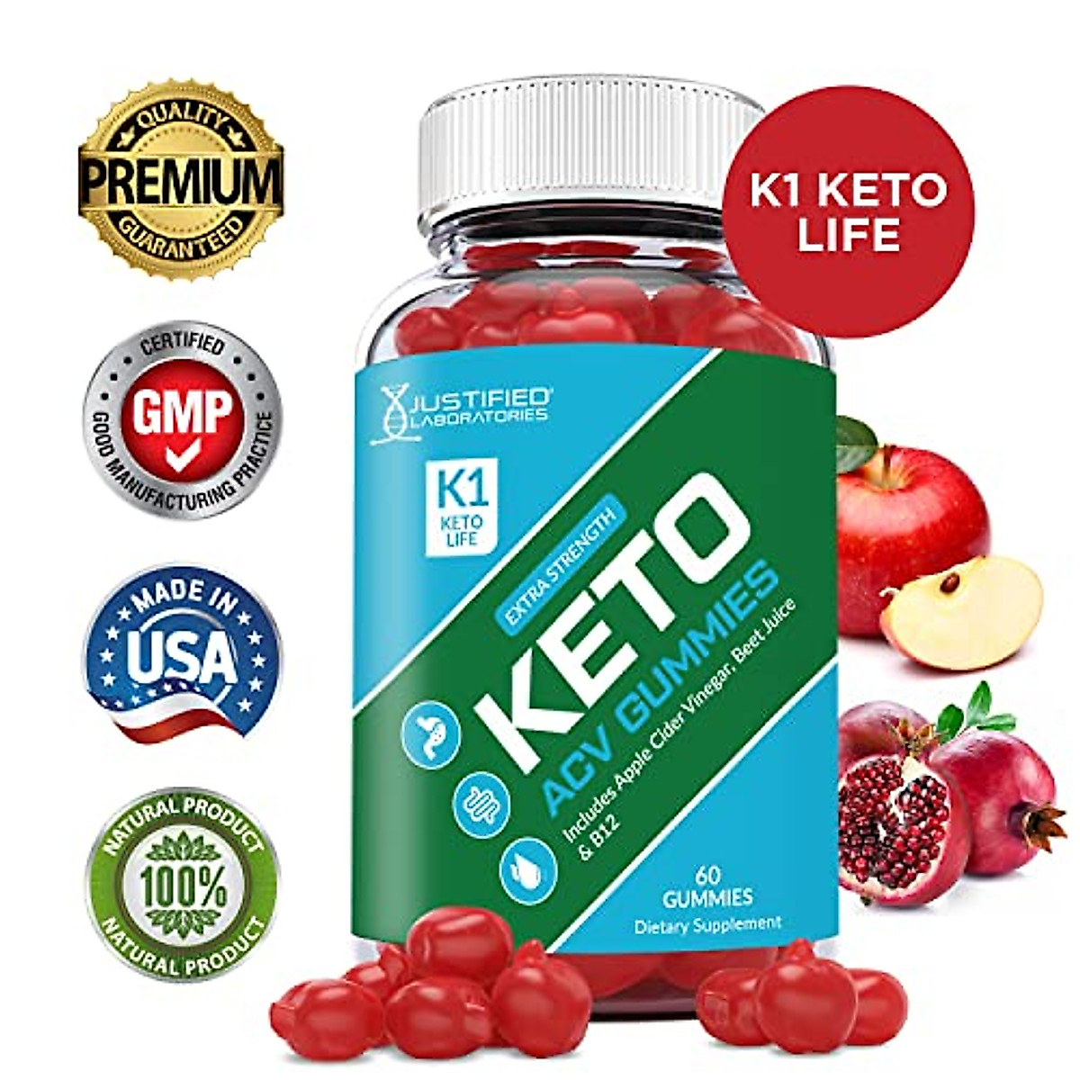 Justified Laboratories (5 Pack) K1 Keto Life ACV Gummies 1000MG with Pomegranate Juice Beet Root B12 300 Gummys