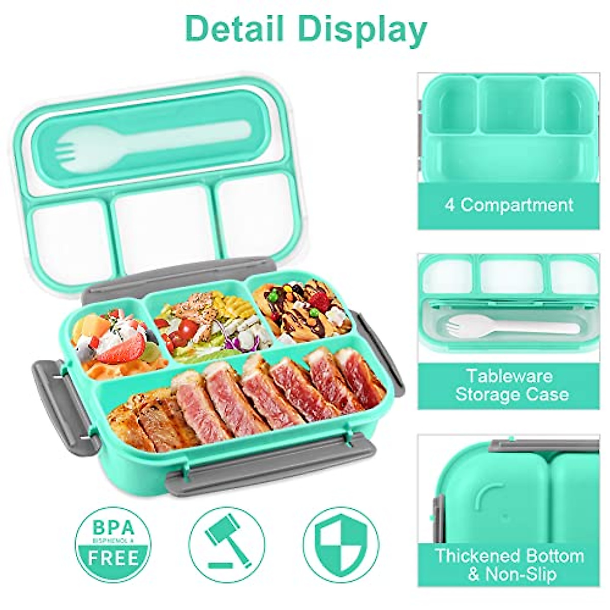 BentoMoment Bento Lunch Box, 4 Compartments Lunch Box Containers for Adults, 5 Cups Bento Box with Utensils& Fruit Fork, Cute Snack Lunch Box, Leakproof Microwave Safe Bento Boxes, Green