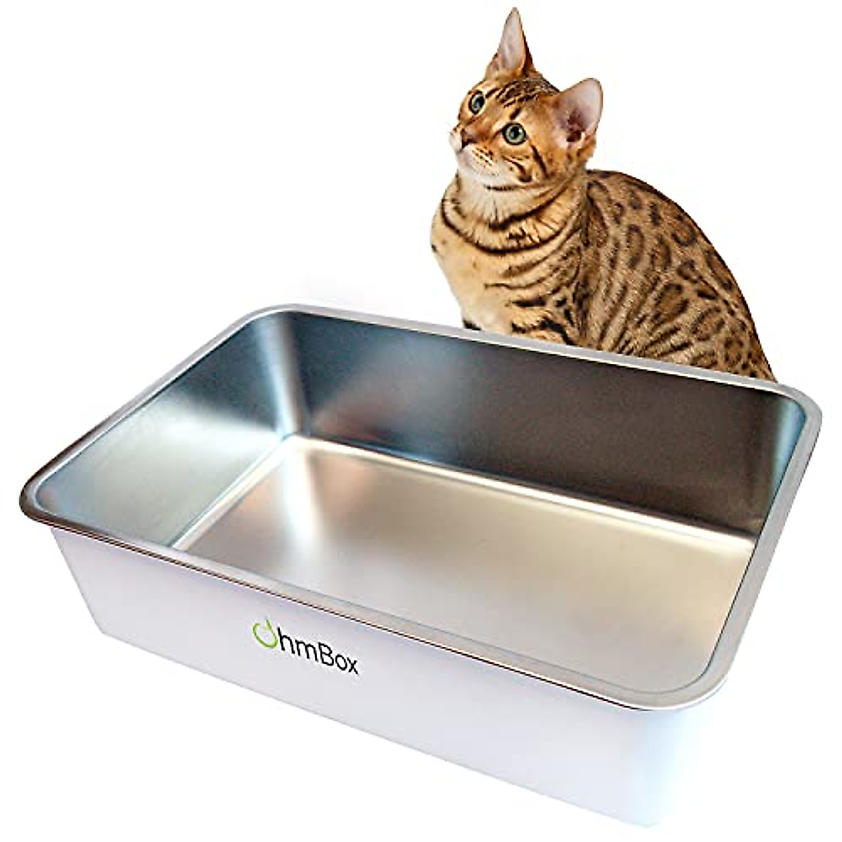 Ohm Earth’s OhmBox - Stainless Steel Cat Litter Box, Extra Large (23.5” x 15.5” x 6.1”) Never Absorbs Odors/Stains/Rusts, Non-Stick Smooth Surface, Easy Cleaning + Non-Slip Rubber Feet. Qty 1 White