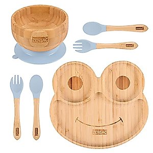 6PCS Bamboo Baby Feeding Set, Baby Suction Bowl & Plate with Silicone Spoons & Forks, Wooden Feeding Supplies for Infant & Toddlers, Baby Led Weaning Supplies Non Slip & BPA Free (Powder Blue)