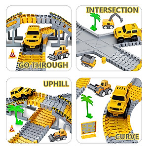Kids Toys 253 PCS Construction Race Tracks Toy for 3 4 5 6 7 8 Year Old Boys Girls, 5 PCS Construction Truck Car and Flexible Track Play Set Create A Engineering Road Games Toddler Toys Birthday Gifts