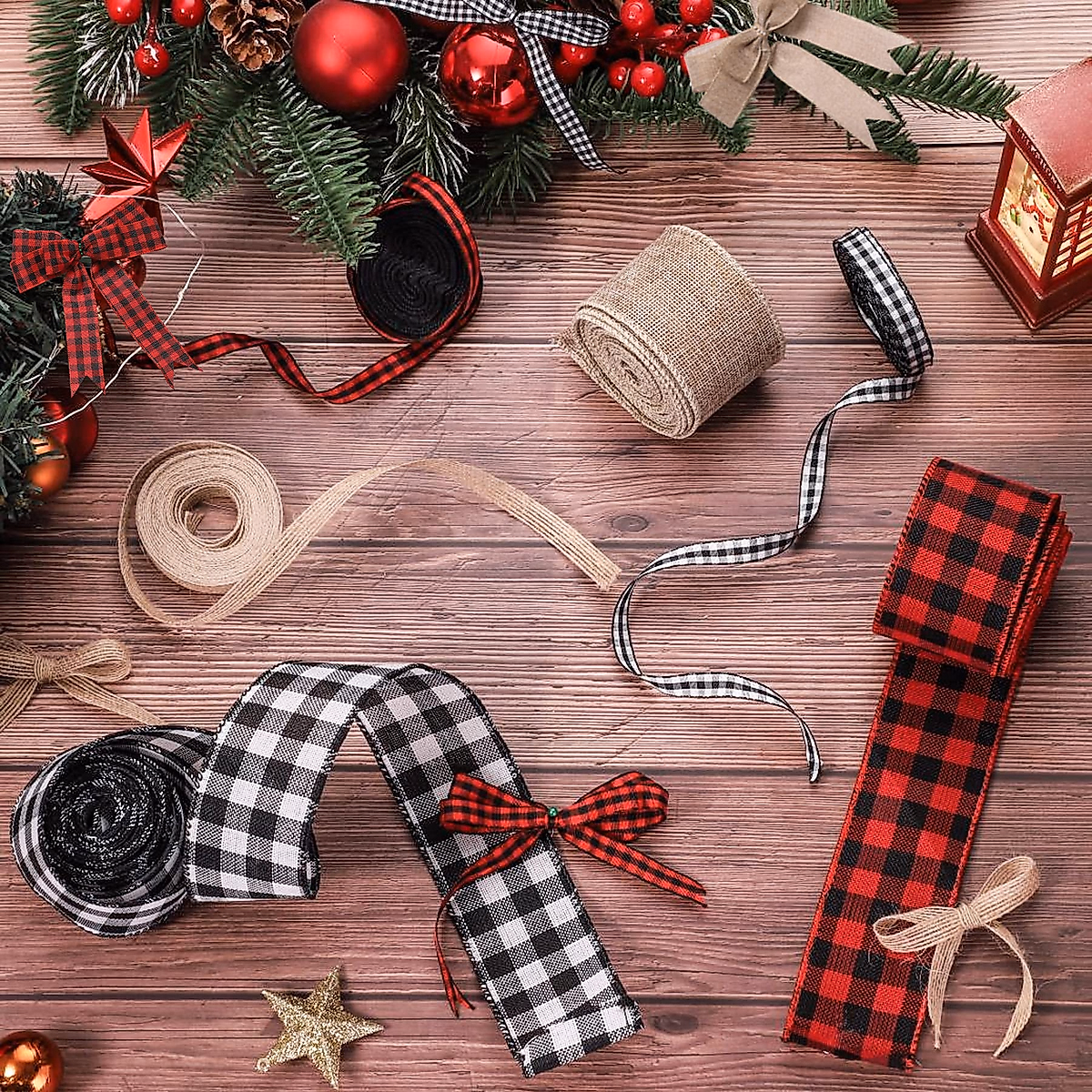 6 Rolls 54 Yards Christmas Wrapping Ribbon Buffalo Plaid Festival Ribbon Wired Holiday Garland Ribbons for Gift Wrapping Decoration Floral Bows Craft