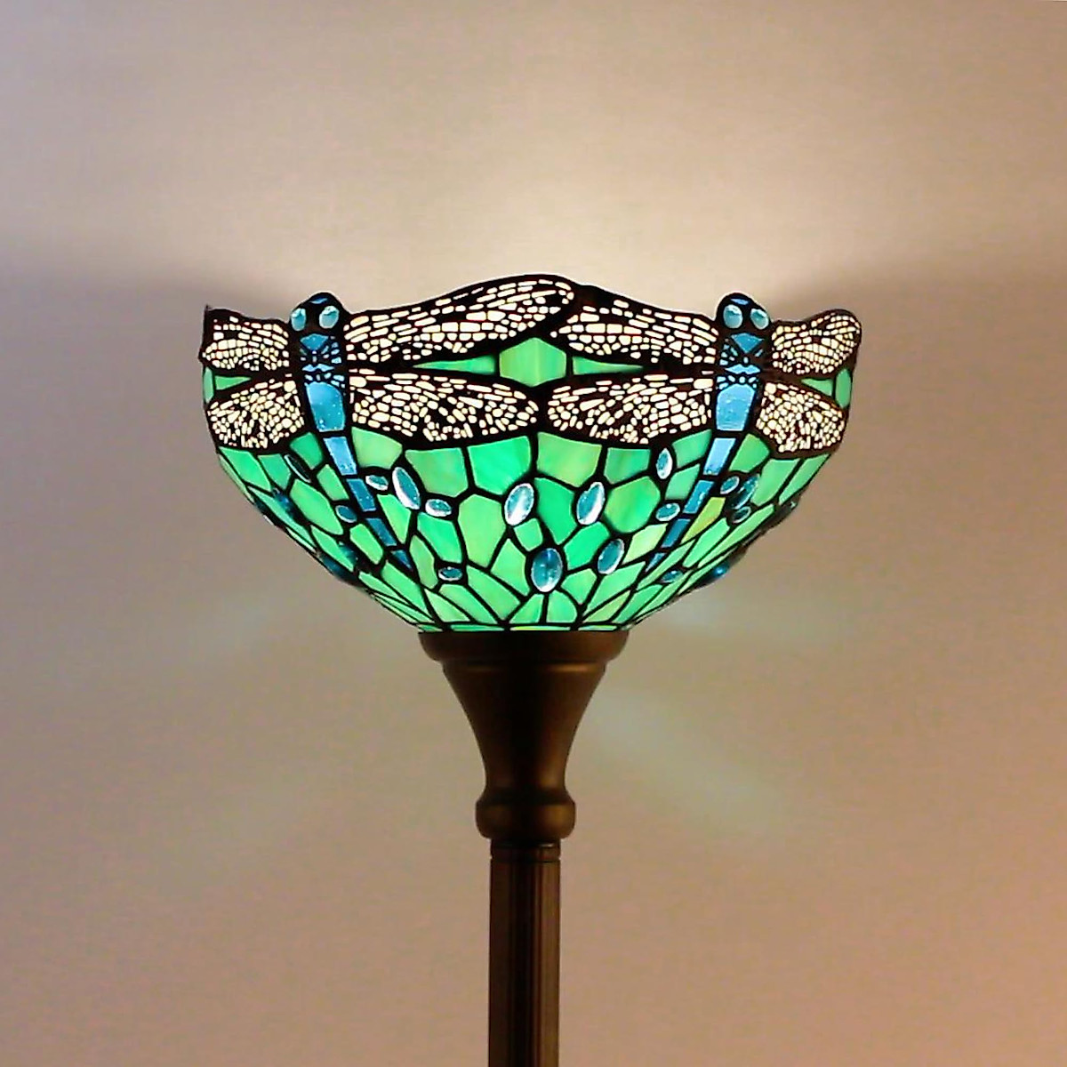 ZJART Tiffany Floor Lamp Torchiere Stained Glass Torch Lamp 12X12X67 Inch Antique Standing Corner Light (Green Dragonfly)