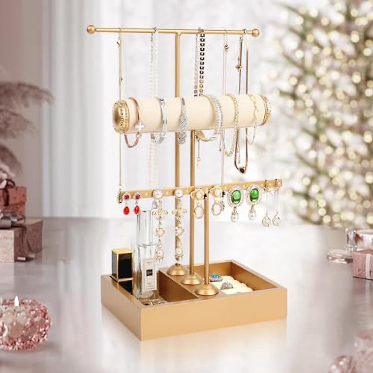 MingsunTan Jewelry Holder Organizer Jewelry Stand, Jewelry Organizer 3 Tier Jewelry Holder, Jewelry Display Rack Tree Jewelry Tower for Earring Bracelet Ring Necklace (Gold)