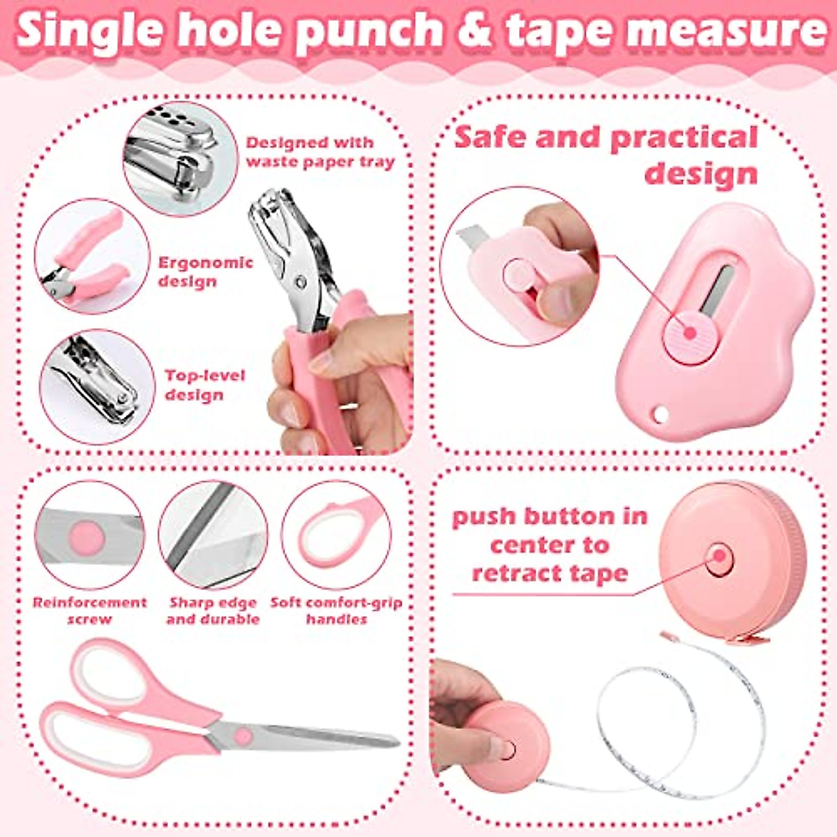10 Piece Pink Desk Accessory Kit Includes Stapler with Staples Tape Dispenser Staple Remover Single Hole Punch Paper Clips Scissors Tape Measure Small Telescopic Knife Cute Office Desk Accessories