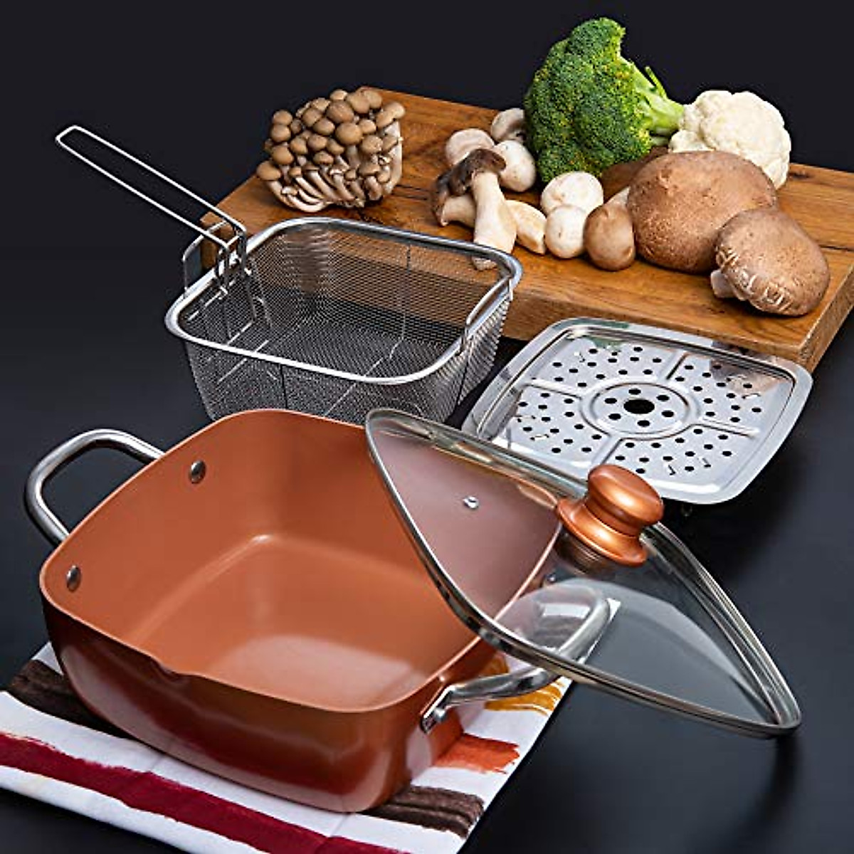 Moss & Stone Copper 6 Piece Set Chef Cookware, Non Stick Pan, Deep Square Pan, Fry Basket, Steamer Tray, Dishwasher & Oven Safe, 5 Quart Copper Pot Set, Copper Induction Cookware Set