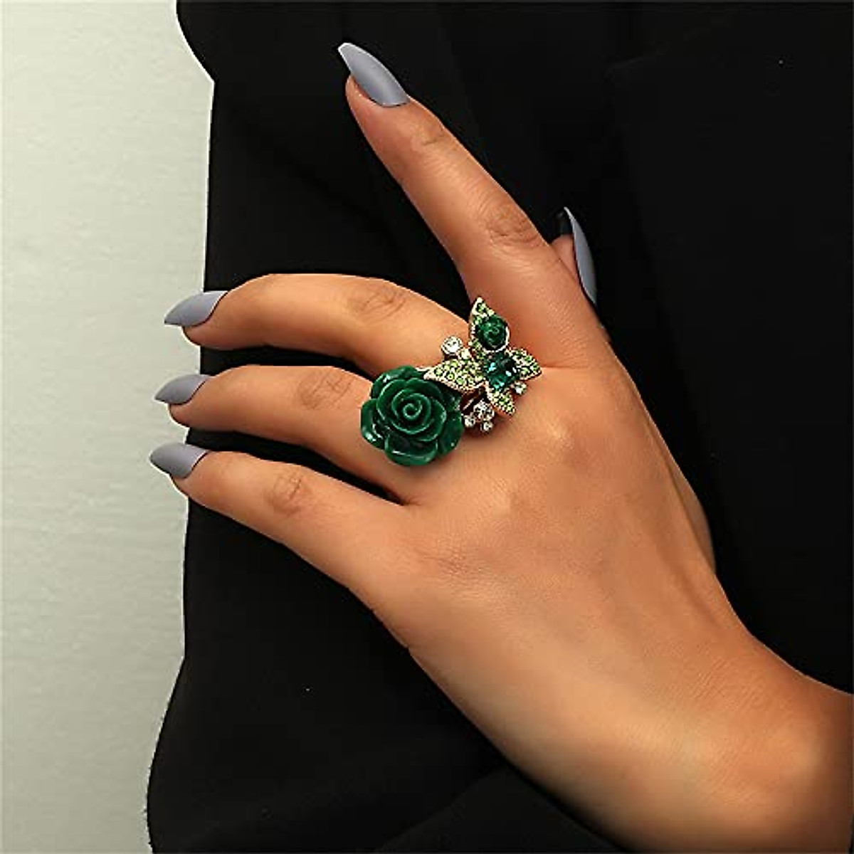 Dtja CZ Butterfly Flower Wedding Ring for Women Girls Statement Engagement Rectangle Rhinstone Aryclic Rose Adjustable Open Wrap Finger Rings Comfort Fit Cocktail Party Vintage Jewelry Gift (Green)