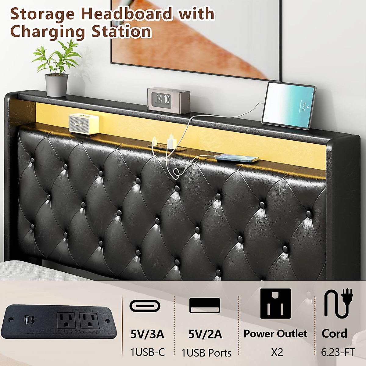 Loomie Queen Lift Up Bed Frame with Charging Station&LED Lights,Leather Upholstered Bed with Button Tufted Wingback Storage Headboard,Hydraulic Storage, No Box Spring Needed,Wood Slats Support (Black)