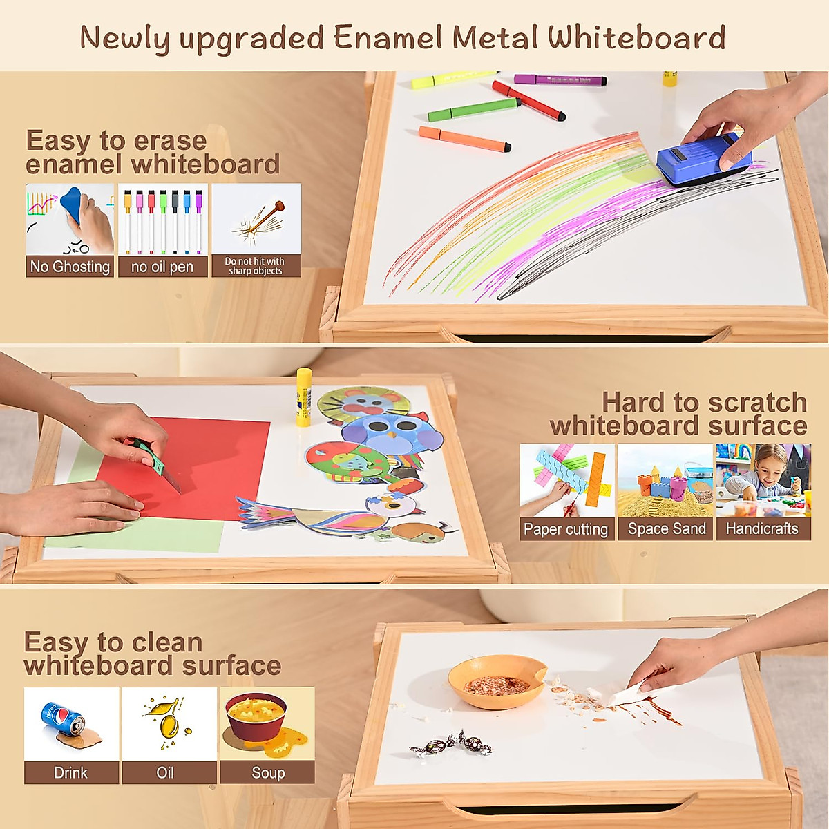 Wood 3 in 1 Kids Table and Chairs Set with Storage New Enamel Whiteboard and Built in Plate Detachable Tabletop Children Furniture Toddler 3 Piece Set Ideal for Arts & Crafts Dining Homework & More