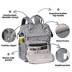 RJEU Women Backpack,Work Computer Bag for Nurse Teacher with USB Charger,Girls High School Backpack Cute Laptop Tote Backpack for Travel Office,Grey