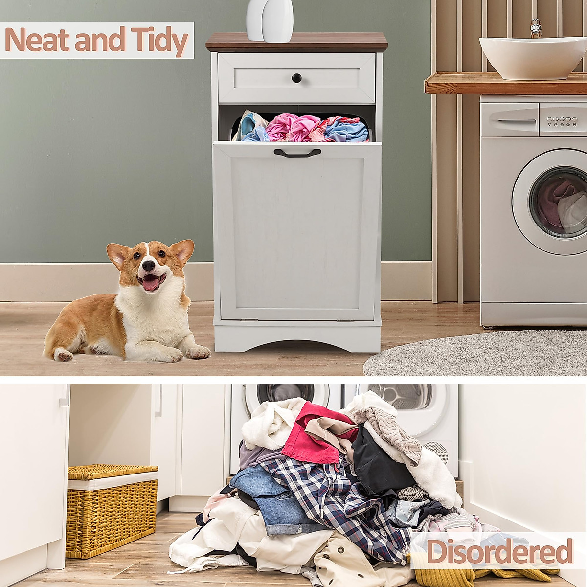 Spurgehom 13 Gallon Tilt Out Trash Cabinet Kitchen Waste Bins, Laundry Hamper Tilt Out Pet Proof Hidden Trash Bin for Kitchen Living Room, Antique White